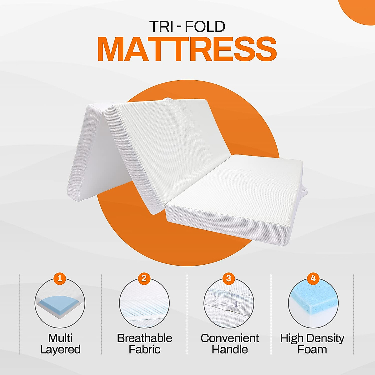 Cheer Collection Tri-Fold Memory Foam Mattress - 4" Thick Gel Infused Foam Folding Bed for Guests, Twin Size - 38" x 78"