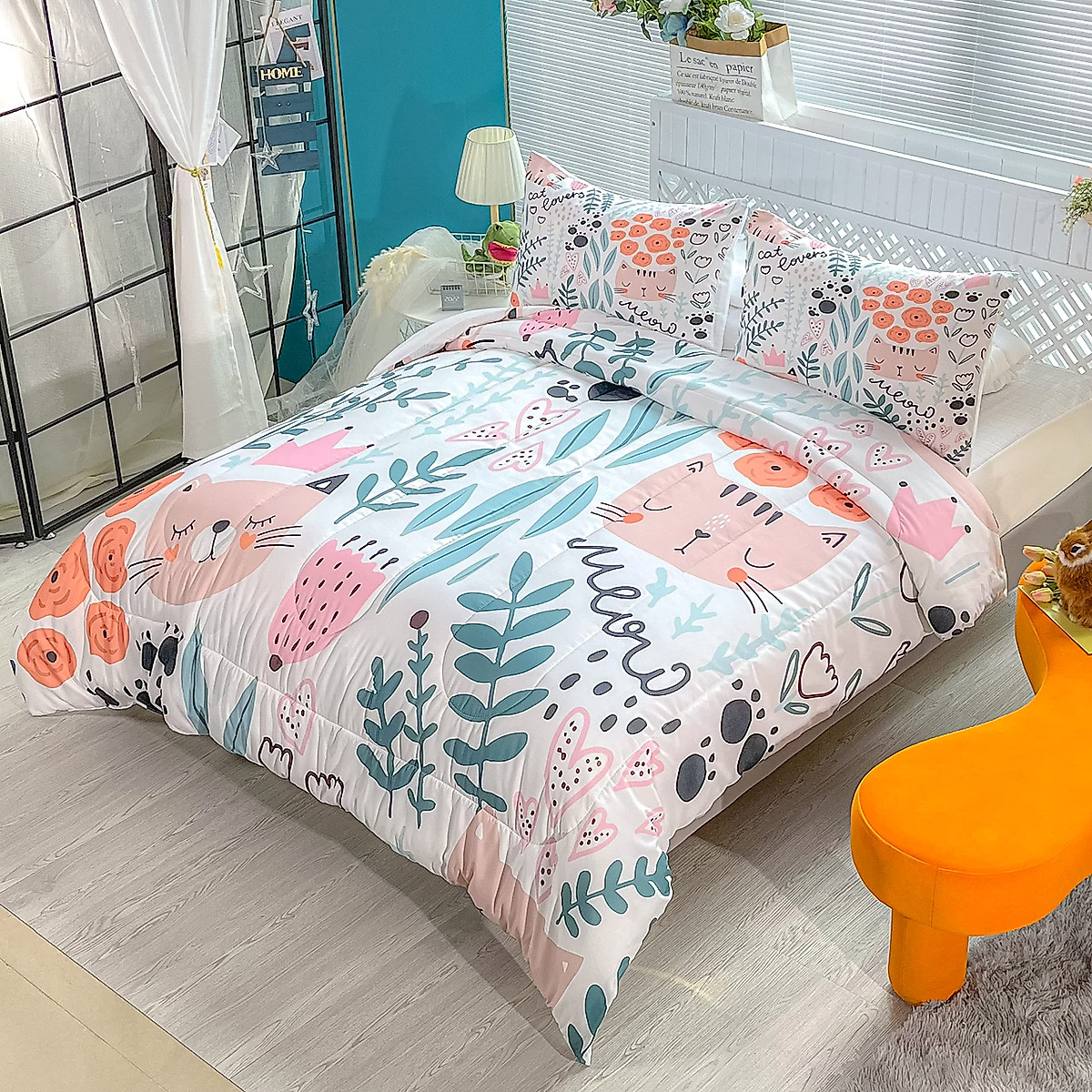 CVHOUSE Cat Bedding,Cartoon Cat Comforter Queen,Animals Print Comforter Set for Kids,Kawaii Quilt Set with 1 Comforter and 2 Pillow Cases