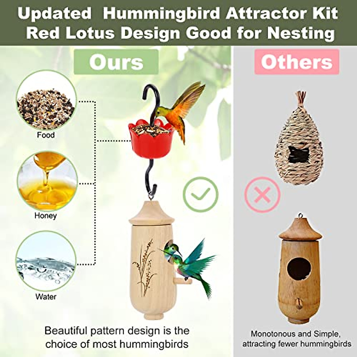 Wooden Hummingbird House Feeder with Rust Resistant Hooks,2024 New Garden Swing Nesting Kits for Outside Hanging Bird Finch Houses Home Decoration with Brush Nylon Lanyard