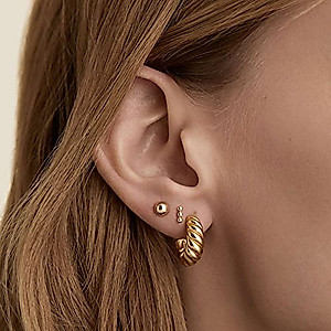 14K Gold Plated Croissant Earrings Twisted Round Hoop Earrings Chunky Hoop Earrings 925 Sterling Silver Post Earrings Huggies with CZ for Women and Gift for Her