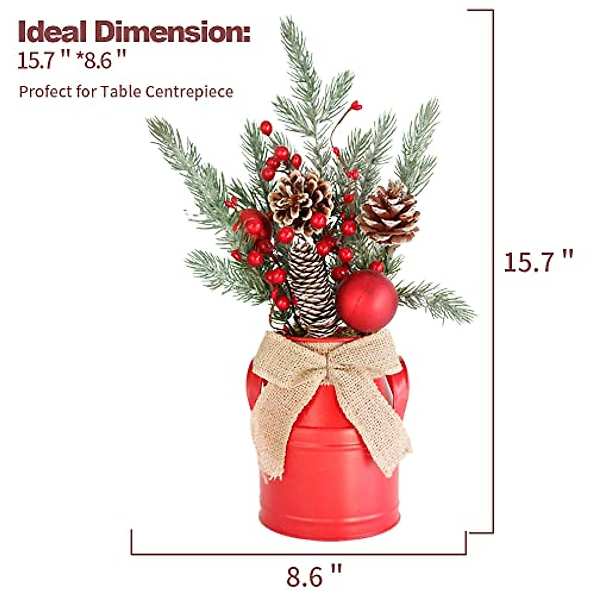 Qingbei Rina Artificial Christmas Centerpiece Decoration,Mini Red Christmas Tree Potted Plants,Holiday Table Fake Greenery with Christmas Ball, Pine, Berry for Home,Office, Window, Fireplace