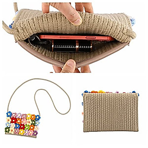 Ayliss Women's Handwoven Crossbody Handbag Small Summer Beach Shoulder Handbag Woven Cotton Crochet Cute Flower Purse Bag (Rectangle Khaki)
