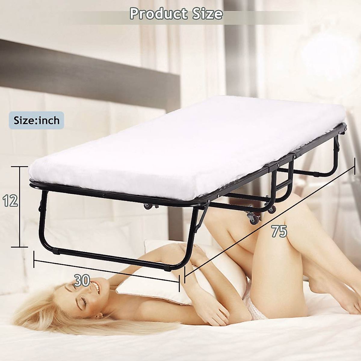 Dkeli Folding Bed Camping Cot Bed Guest Bed Metal Frame with Mattress Heavy Duty 330Lbs Weight Capacity Portable Foldable Twin Size Rollaway Bed on Wheels for Adults, Kids (White)