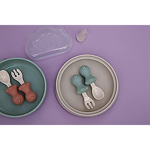 Edison Friends Self-Feeding Silicon Spoon and Fork Set with Case, 100% Platinum Silicon, Octopus Shape (Mint), Made in Korea