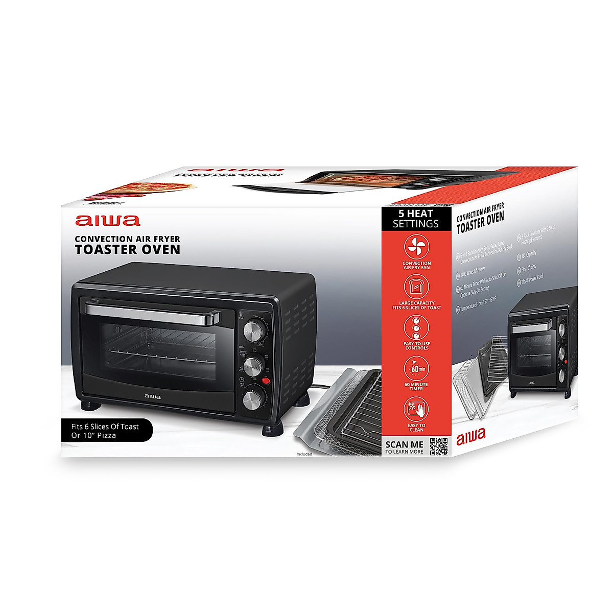 Aiwa 1400W Toaster Oven 6 Slice with Baking Tray, Air Fry Bake Toast Cook and Broil, Temperature Control, 60 Minute Timer Knob, Automatic Shutoff, Crispier Mesh Baking Tray and Crumb Tray Included