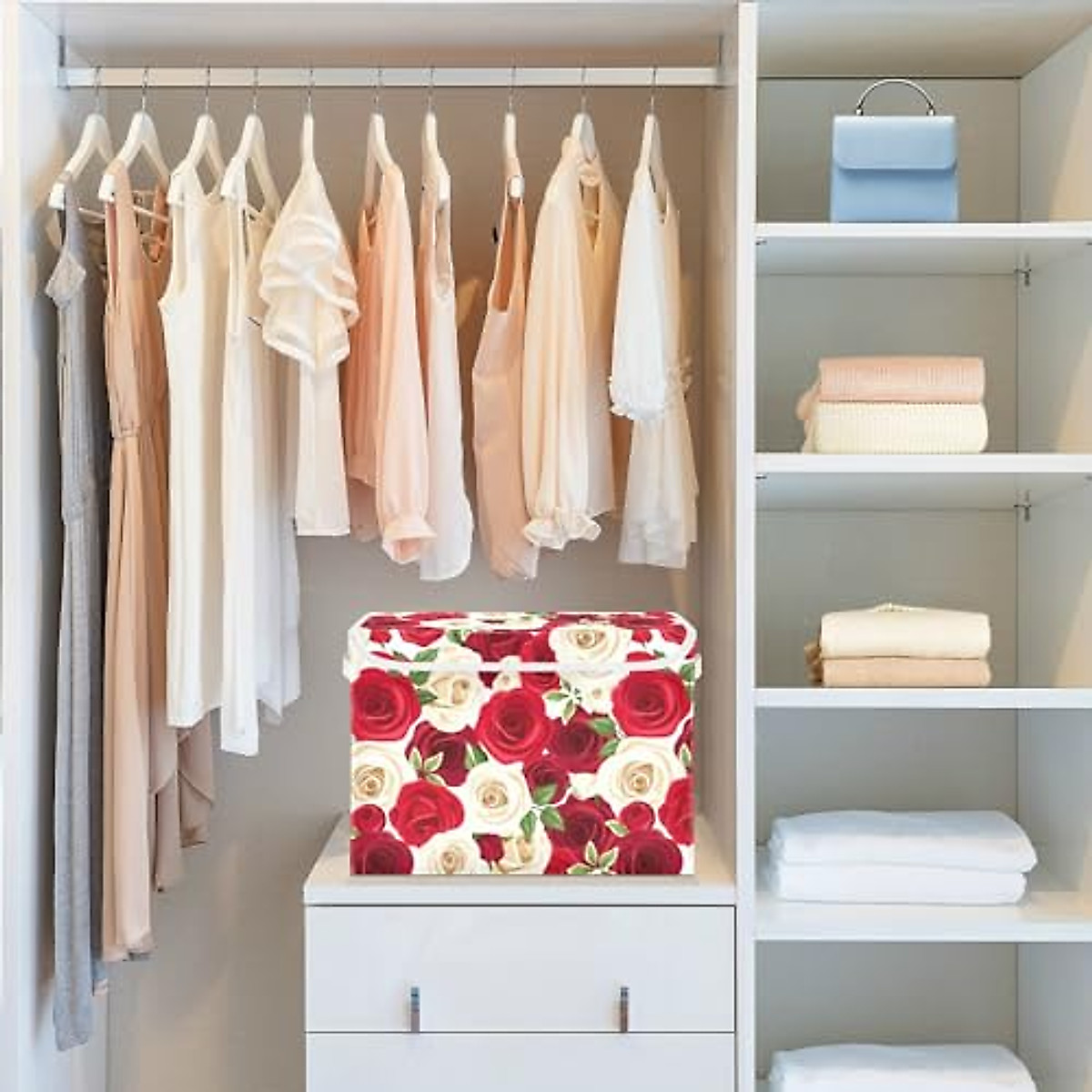 Sletend Storage Box Rose Floral Closet Storage Bins with Lids, Foldable Oxford Fabric Storage Box for Home Bedroom Closet Office (16.5x12.6x11.8 in)
