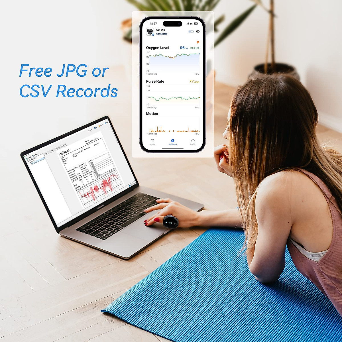 Wellue O2ring Pulse Oximeter - Rechargeable Bluetooth Oxygen Saturation Monitor with Reminder| Wearable O2 Meter Continuous Tracking of Oxygen Level and Pulse Rate with Free APP & PC Software