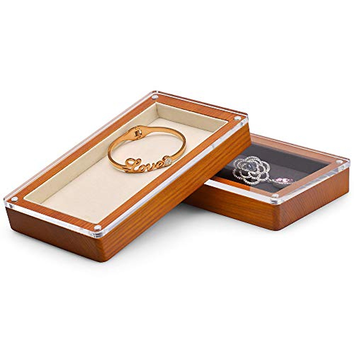 Oirlv Solid Wood Jewelry Tray with Transparent Acrylic Lid Jewelry Organizer Dish Home Organization Accessories Storage Box(Creamy-white)