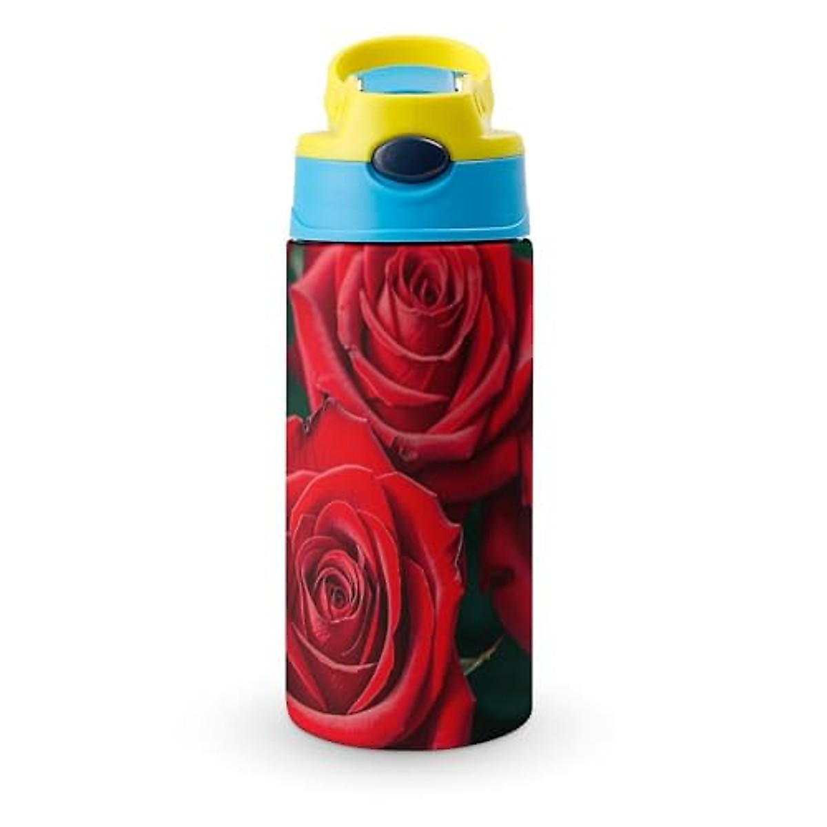 Stainless Steel Water Bottles Many Red Rose Travel Water Cups with Handle And Silicone Straw Drinking Cup with Leak Proof Lid Thermo Travel Mug for Women Men