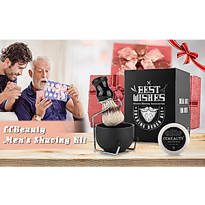 CCbeauty Mens Shaving Brush and Bowl Set, 4 in 1 Bristle Shave Brushes Kit with Stainless Steel Shaving Bowl & Soap Mug, Safety Razor Stand, Birthday Dad Gifts Set for Men, White Soap 3.5Oz