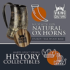 Viking Culture Ox Horn Mug, Shot Glass, and Bottle Opener (3 Pc. Set) Authentic 16-oz. Ale, Mead, and Beer Tankard | Vintage Stein with Handle | Custom Intricate Design - Natural Finish | Wolf/Fenrir