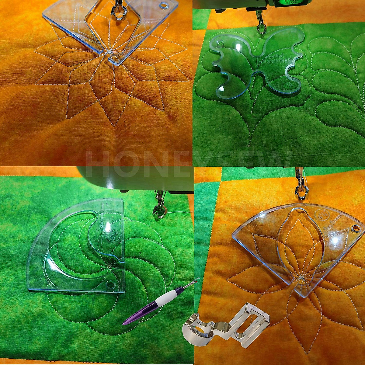 HONEYSEW Quilting Template Sewing Machine Ruler DIY Sewing Tools Notions Free Motion Quilting Grip Template Rulers Includes 4 Design (4 Designs A)