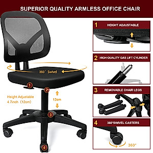 V&LX Armless Swivel Mesh Office Chair Height Adjustable with Lumber Support for Small Spaces, Black