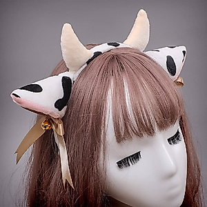 BPNHNA Cow Ears and Horns Headband Bow Ribbon Bells Headwear Elastic Hair Hoop For Party Animal Cosplay Costume White