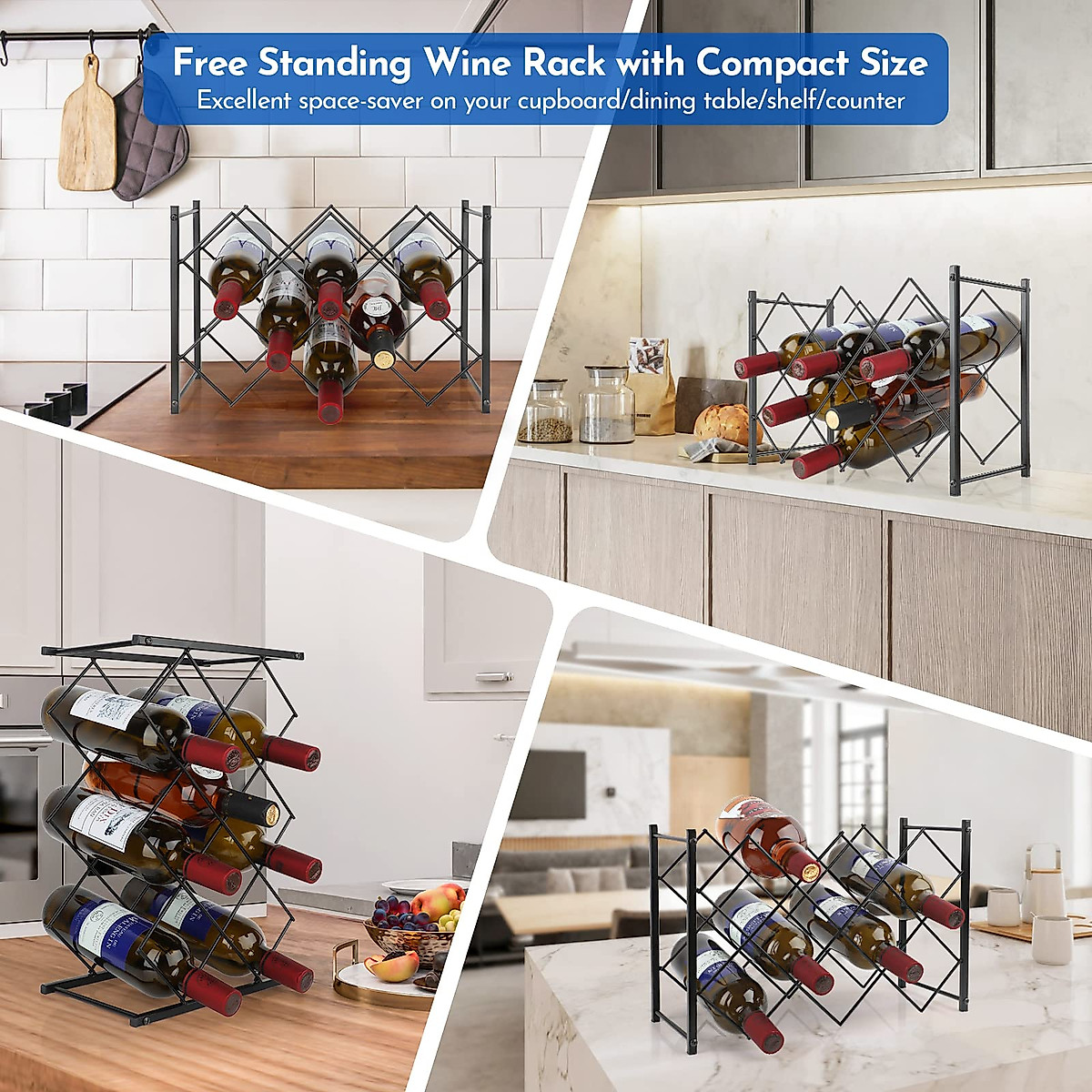 TOBUSA Metal Wine Rack Countertop, 10-Bottle Modern Black Freestanding Wine Bottle Holder, 4-Tier Tabletop Wine Rack Stand Wine Storage, Small Wine Bottle Organizer for Home Kitchen Cabinet Pantry Bar