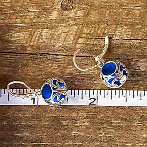 Bottled Up Designs Handmade Vintage Lace Leverback Earrings, Recycled 1960s Cobalt Skin Cream Jar Glass, Sterling Silver, Eco Friendly, Made in USA, Birthday Gifts, Mothers Day, Women, Anniversary
