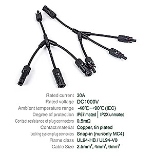 PFCTART Y Branch Solar Wiring Connector Plug, Panel Splitter Connectors and Wires Accessories Charge Controller Kit Solar Cable for Combiner Box (12AWG 1 Pair M/FFF+F/MMM)