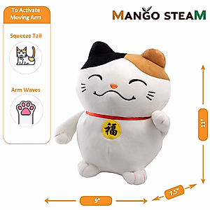Mango Steam 11" Adorable Kawaii Lucky Cat Plush with Waving Arm - Soft and Hypoallergenic (White)