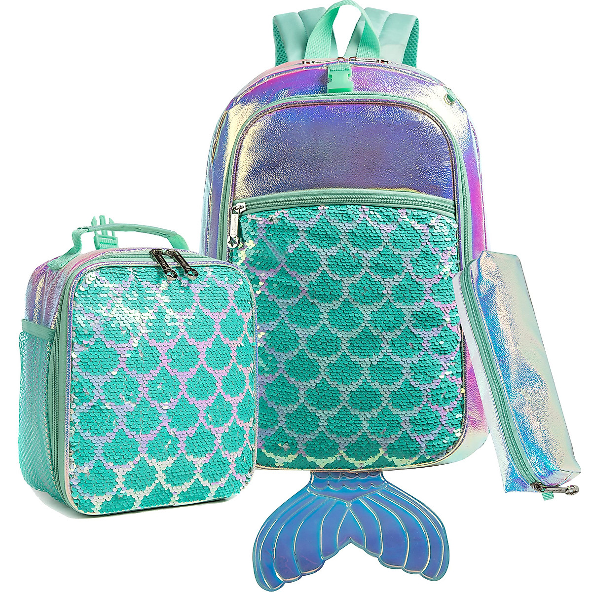 Backpack for Girls Mermaid Magic Sequin School Bag with Lunch Box Girls Backpack Set for Elementary Preschool Bookbag