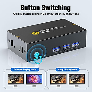 USB3.0 KVM Switch 2 Monitors 2 Computers HDMI 4K@60Hz for PCs Share USB Devices, Dual Monitor KVM Switch Support Wired Remote Control and Button Switch, Adaptive EDID