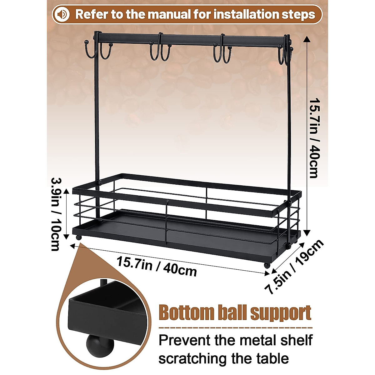 Biggun Coffee Mug Holder with Removable Hooks - Metal 8 Mugs Coffee Cup Holder Storage Organizer for Counter, Large Mug Display Rack Stand for Coffee Bar Kitchen Countertop