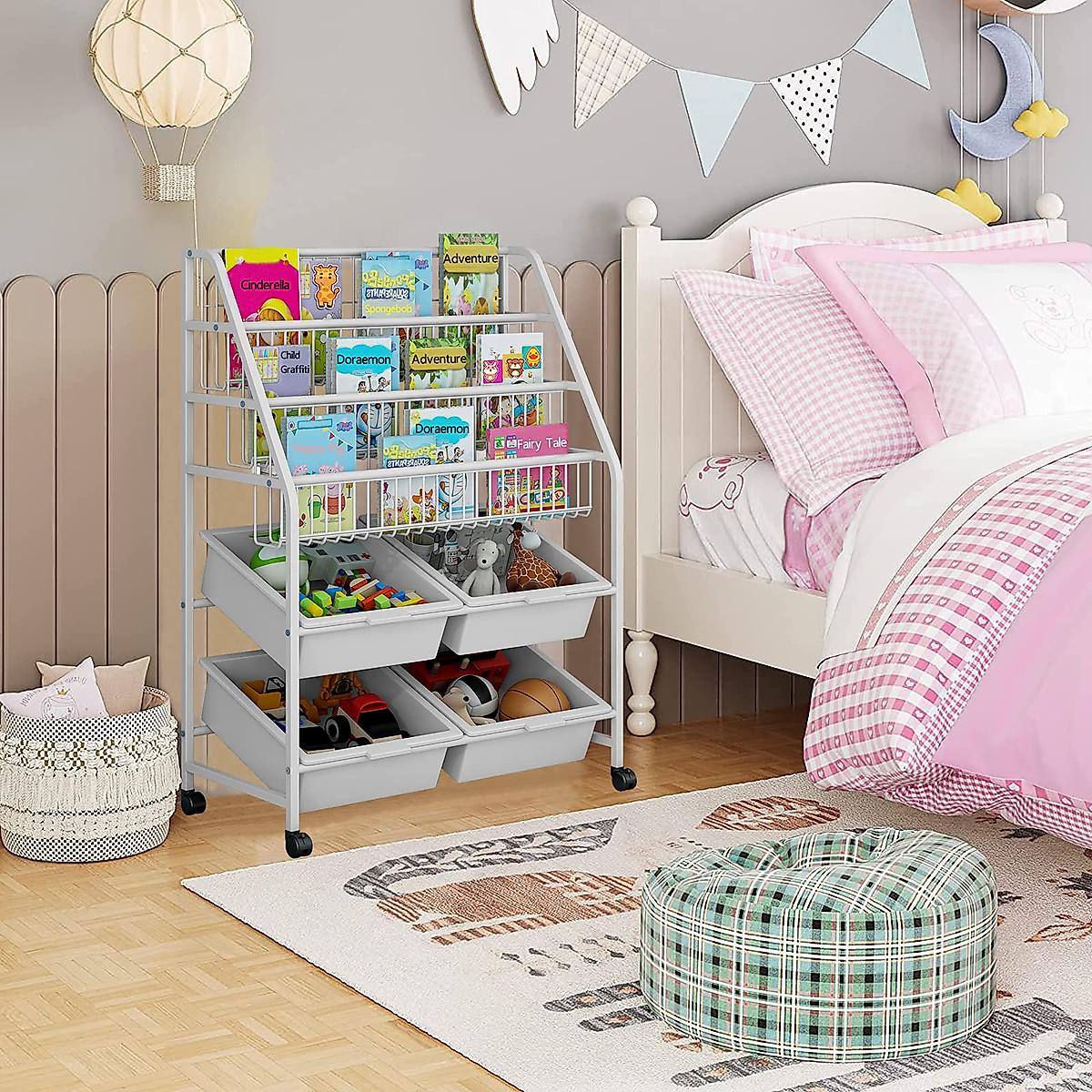 LINZINAR Bookshelf Iron Toy Organizer 3 Tier Mobile Bookrack 4 Plastic Toy Storage Boxes with Wheels—White…