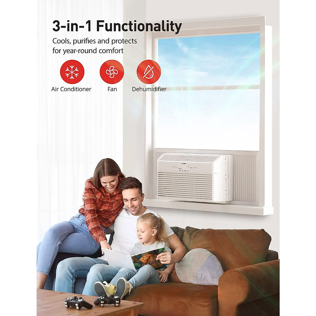 Window Air Conditioner, 8,000 BTU AC Unit for Room Window-Mounted AC with 4 Fan Speeds 5 Modes 24-Hour On/Off Timer Quiet Sleep Mode Remote Control AC Cooler up to 350 sq. ft