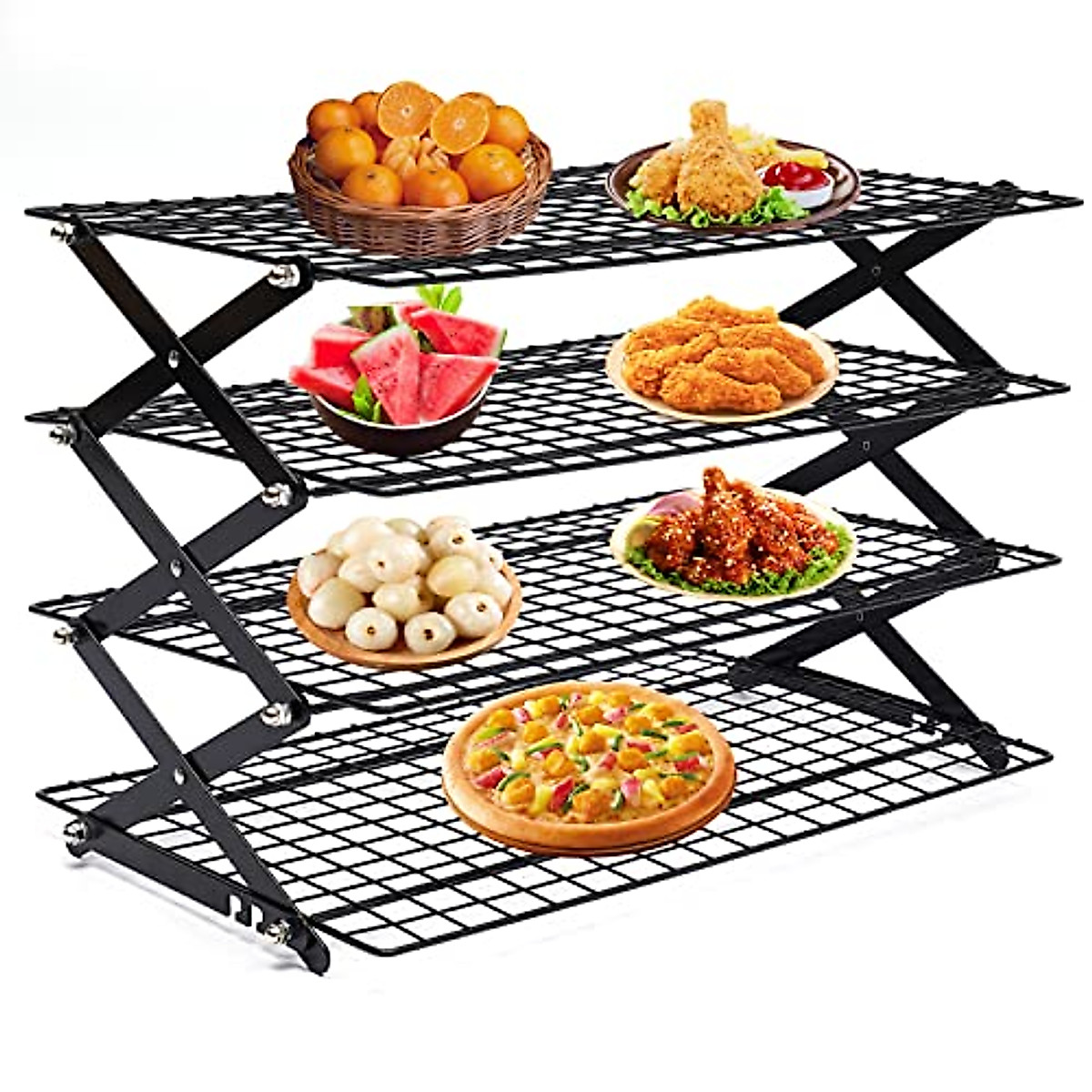 Cooling Rack, 4-Tier Upgraded Collapsible Cooling Rack Portable Foldable Camping Shelf Adjustable Stackable Roasting Cooking Drying Wire Cooling Rack for Cookies Cake Baking