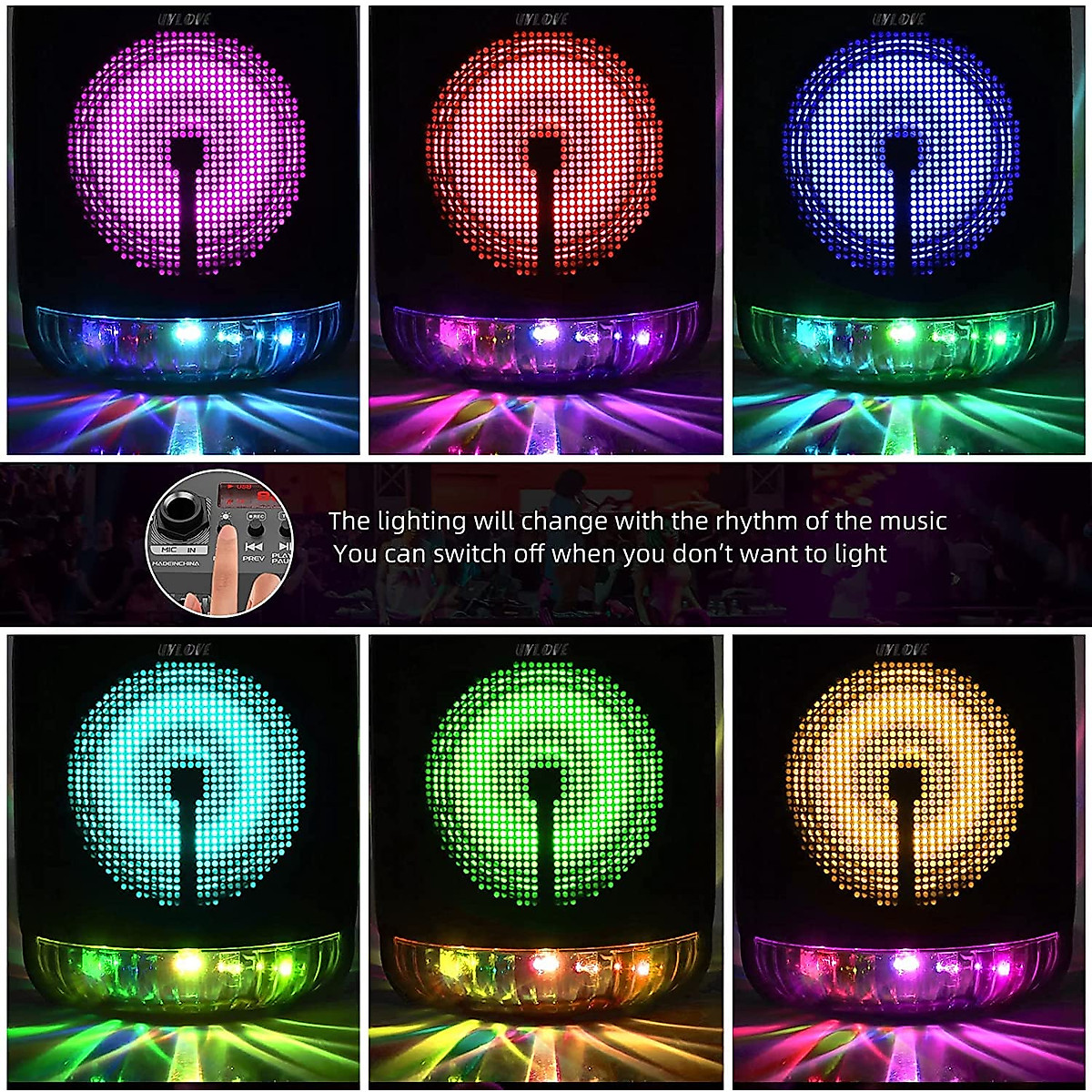 RHM K113 Karaoke Machine with 6 Color Change, Powerful Sound, Rechargeable Battery & A Wired Microphone, 6 Hours Playtime, Support Bluetooth/AUX/USB/TF/FM/REC, for Home/Party/Picnic/Outdoor Actives