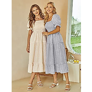 MEROKEETY Women's Plaid Square Neck Ruffle Puff Sleeve Midi Dress Summer Boho Backless Smocked Dress, Beige, Medium