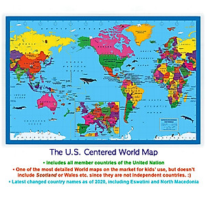 Natural Learning Children's Placemat (One 4-in-1 Alphabet, Numbers, Shapes, Colors and One USA/USA Centered World (2 Pack))