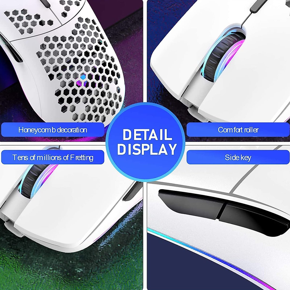 LexonElec Wireless Gaming Mouse,Ultra-Lightweight Honeycomb Shell Mice with 2.4G Wireless Rechargeable,Multi RGB Backlit,7 Buttons,3200DPI,Ergonomic Optical Sensor for PC,Xbox,PS4 Gamers(White)