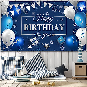 Happy Birthday Decorations Backdrop Banner, Navy Blue and Silver Birthday Party Decoration Happy Birthday Banner Sign Photo Background for Men Women Children Boys Birthday Supplies, 72.8 x 43.3 Inch