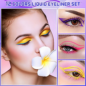 Spdoo Colored Liquid Eyeliners 12 Colors Colorful Liquid Eyeliner Set, Matte Colorful Eye Liner Liquid Color Eyeliner Eye Makeup Smudgeproof Long Lasting Gel Eye Liner Gift Kit for Women