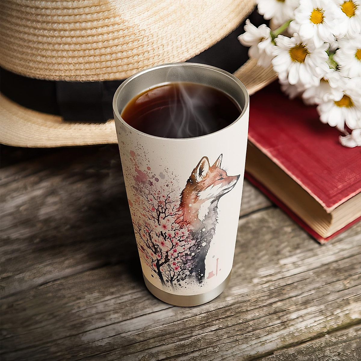 ORCAE Personalized 20oz 30oz Cherry Blossom Fox Tumber, Fox Gifts for Fox Lovers, Coffee Thermos for Women, Fox Tumbler Cup, Stainless Steel Coffee Thermos Insulated Travel Mug with Lid - D
