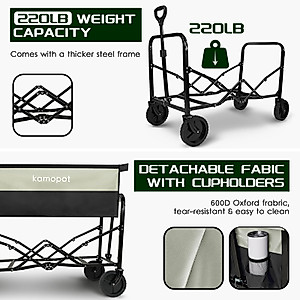 Kamopot Large Collapsible Wagon Foldable for Grocery, Beach, Park, Yard, 34 x 18 Inch Inner Storage. Folding Utility Shopping Cart on Wheels. Heavy Duty, Durable w/Cupholders (Black-Gray)