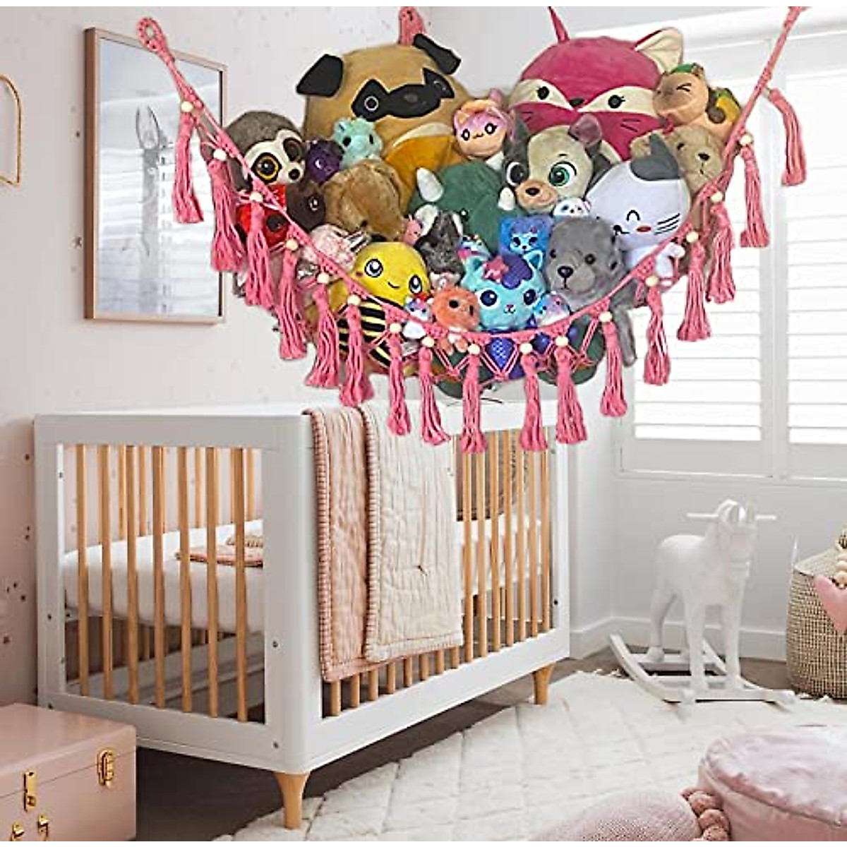 Stuffed Animal Hammock,Boho Plush Toy Net Hammock for Stuffed Animals,Toy Corner Hammock Organizer with Tassel Macrame,Display Holder Net,Net for Stuffed Animals for Nursery Playroom-Pink