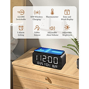 Digital Alarm Clock, with Wooden Electronic LED Time Display, 3 Alarm Settings, 10W Wireless charging, Day of the week, Temperature Detect, Wood Made Digital Clocks for Office, Bedroom, Bedside, Black