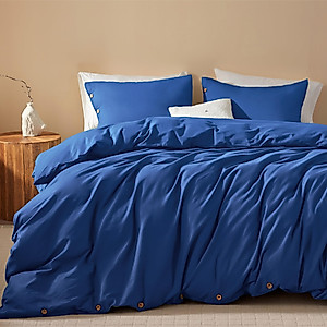 SunStyle Home 100% Washed Cotton Duvet Cover Set Breathable Soft King Light Blue Duvet Cover 3 Pieces Solid Color Bedding Set with Buttons Closure Comforter Cover Set (1 Duvet Cover +2 Shams)