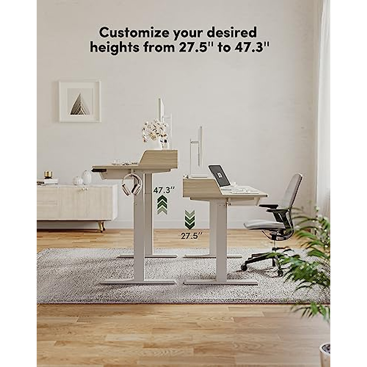 BANTI 55 x 24 Inch Electric Standing Desk with 3 Drawers, Adjustable Height Stand Up Desk, Sit Stand Home Office Desk with Storage Shelf, Light Walnut Top