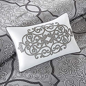 Madison Park Lavine Cozy Bed in a Bag Comforter Set, Traditional Luxe Jacquard Design All Season Down Alternative Bedding with Cotton Bed Sheets, Bed Skirt & Pillows, Queen Silver 12 Piece