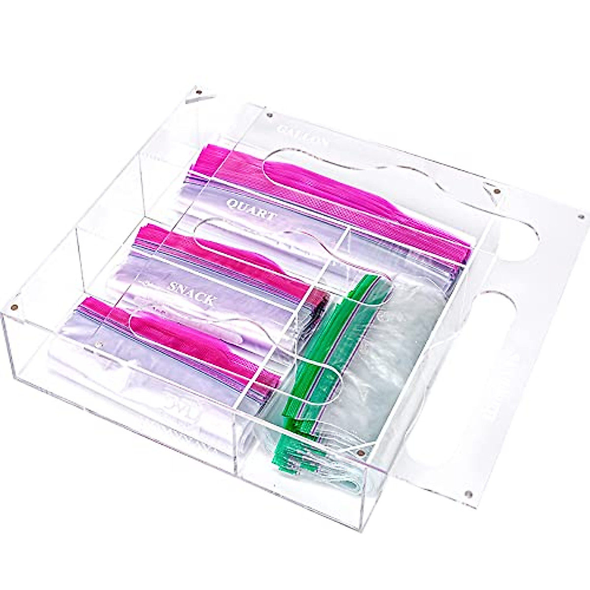 AAY HOMYYAYA Ziplock Bag Organizer for Kitchen Drawer Acrylic Baggie Organizer with Removable Top Lid for Cabinet to Storage Snack, Sandwich, Quart Slider, Gallon Ziploc Plastic Food Bags