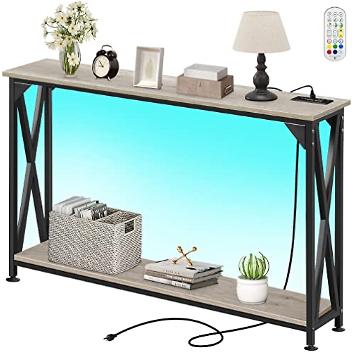 DANSION 2 Tiers Console Sofa Table with Power Outlet, Industrial Entryway Table with Open Storage Shelf, Accent Side Table with LED Strip Lights for Hallway Living Room, X-Shaped Metal Frame Support