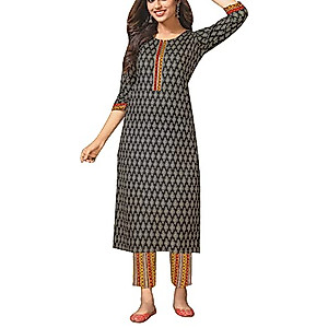 ladyline Casual Ethnic Printed Cotton Kurta with Pants set for Women Kurti (CPKP DTQU690)(48/Gray)