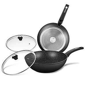 KOCH SYSTEME CS CSK 11+12in Nonstick Frying Pan Sets With Glass Lids-Cookware Sets With Stone-Derived Ultra Nonstick Coating,100% PFOA&APEO Free,Induction Available Frying Skillets,Wok Pans,4PC,Black