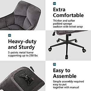 Home Office Desk Chair Velvet Task Chair Accent Chairs - Comfy Computer Chair for Desk, Adjustable Swivel Chair Coffee Chairs Padded Arm Chair for Living Room Bedroom (Grey)
