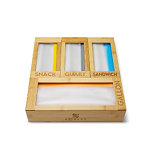 STIRLEX Bamboo Food Storage Bag Organizer, 4-piece set, Food Bag Dispenser Drawer Organization Gallon Quart Sandwich Snack