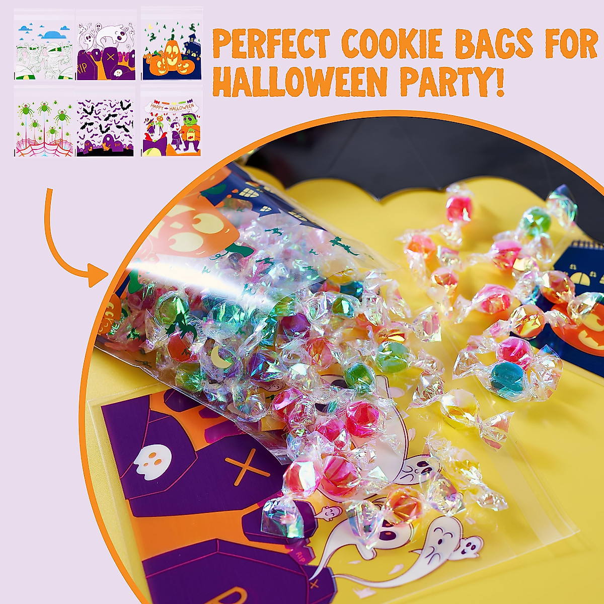 JOYIN 150 PCS Halloween Cellophane Treat Bags, Halloween Clear Self-adhesive Candy Bags, Halloween Plastic Cookie Bags for Trick or Treat, Halloween Goodie Bags for Party Favor Supplies
