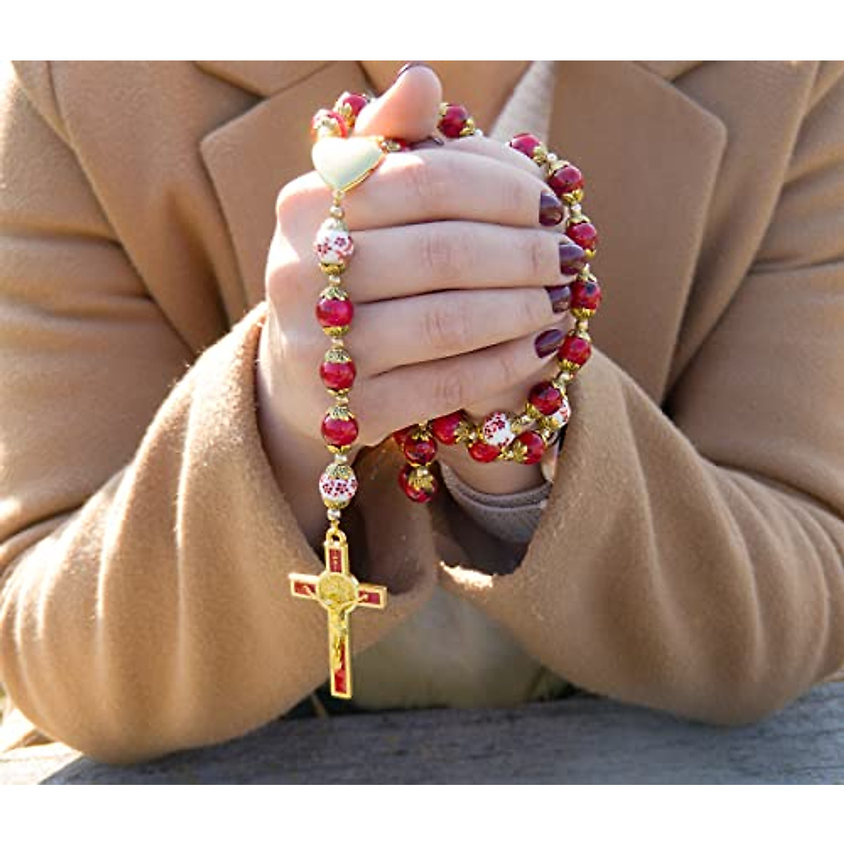 Nazareth Store Saint Benedict Red Rosary Beads Catholic Necklace Flowers Mystery Bead Miraculous Medal Locket Cross Prayer Rosarios Catolicos