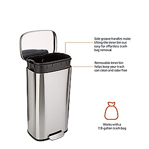 Amazon Basics 30 Liter / 7.9 Gallon Soft-Close, Smudge Resistant Trash Can with Foot Pedal - Brushed Stainless Steel, Satin Nickel Finish